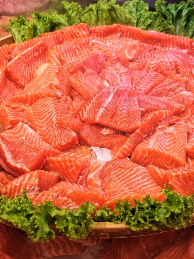 Bunch of Fresh Red Salmon Fish Slice Stock Photo - Image of slice ...