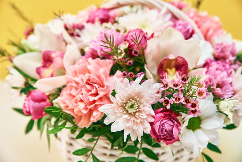 Bunch of Fresh Summer Flowers on the Yellow Background Stock Photo ...