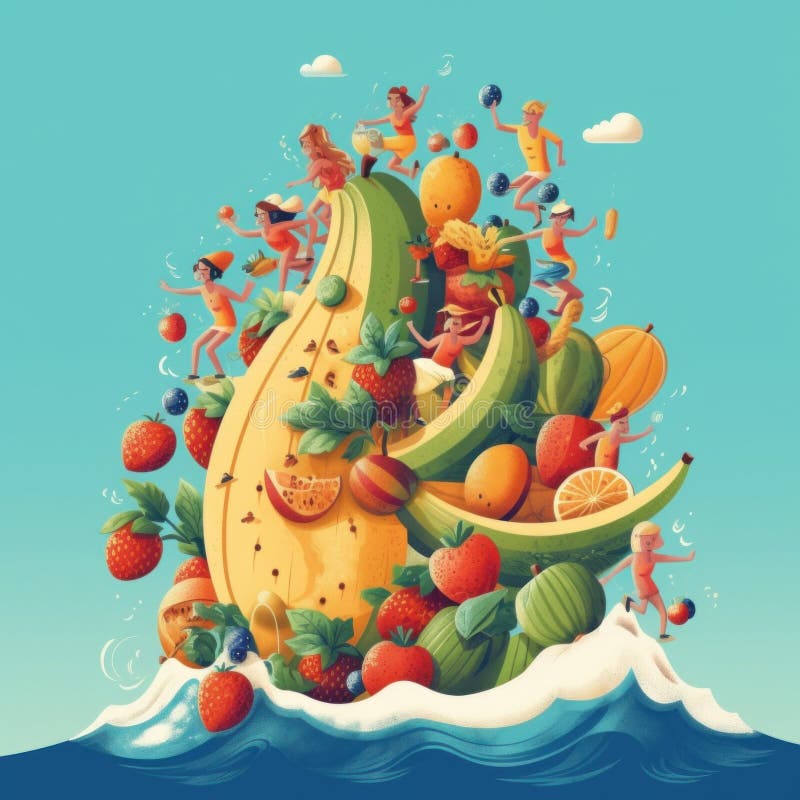 A Bunch of Fruit Floating on Top of a Wave. Generative AI Image. Stock ...