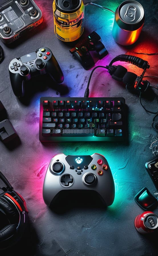 A Bunch of Gaming Accessories on a Table Stock Illustration ...