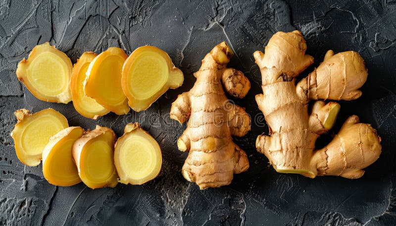 Bunch of Ginger Root and Ginger Slices are Displayed on a Dark Surface ...