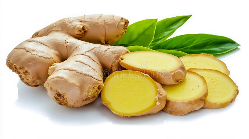 A Bunch of Ginger Root and Slices of Ginger on a White Background Stock Photo - Image of ...