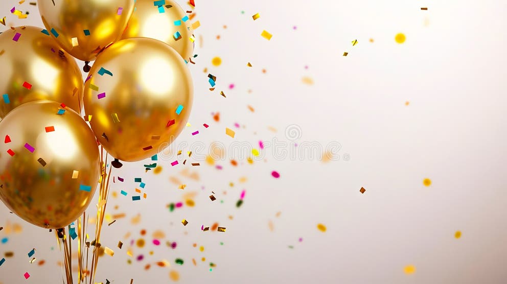 A Bunch of Gold Balloons with Confetti Falling from Them Stock Photo ...