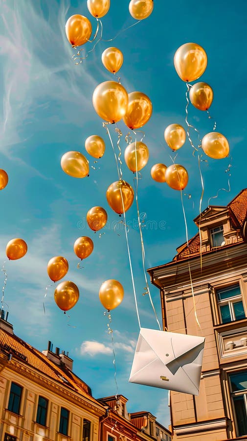 A Bunch of Gold Balloons Floating in the Air with an Envelope Stock ...