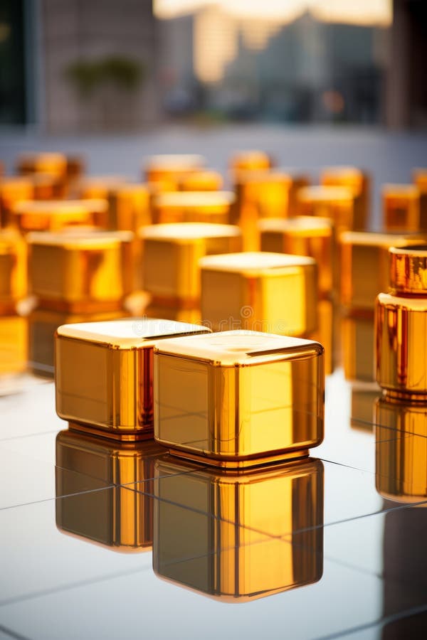 A Bunch of Gold Cubes Sitting on a Tile Floor Stock Photo - Image of ...