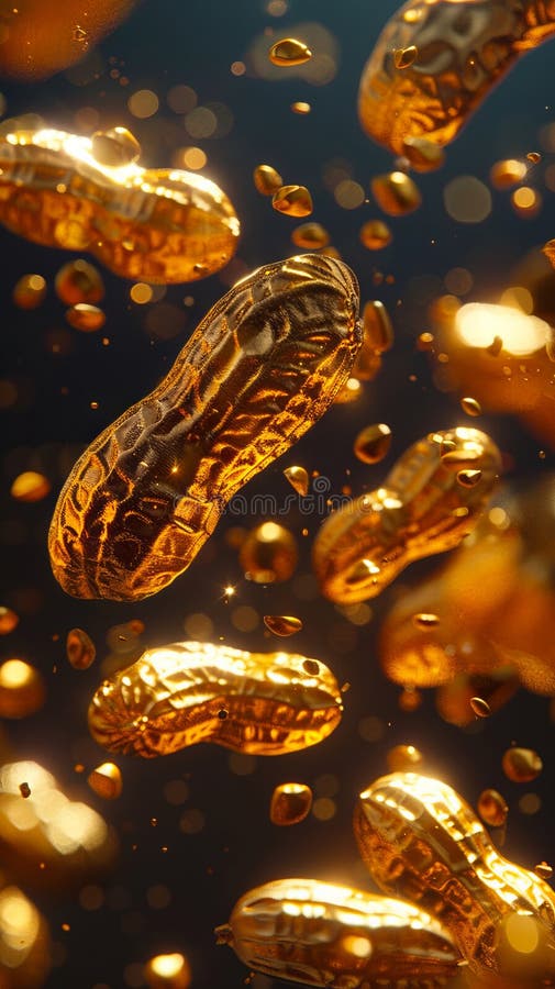 A Bunch of Gold Peanuts Floating in the Air Stock Photo - Image of ...