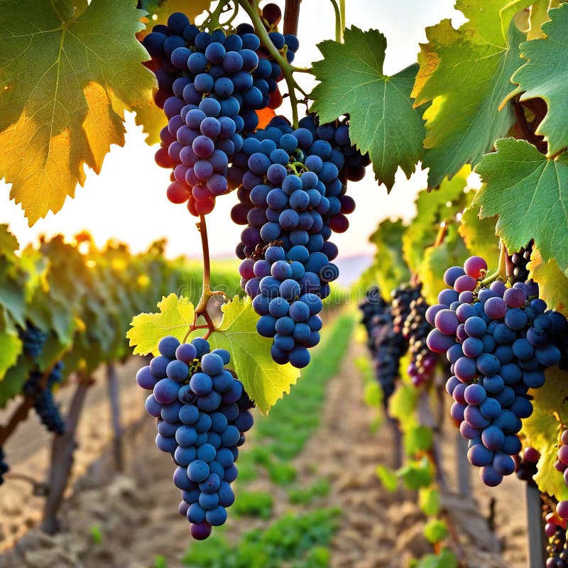 A Bunch of Grapes Hanging from a Vine in a Vineyard at Sunset or Dawn ...