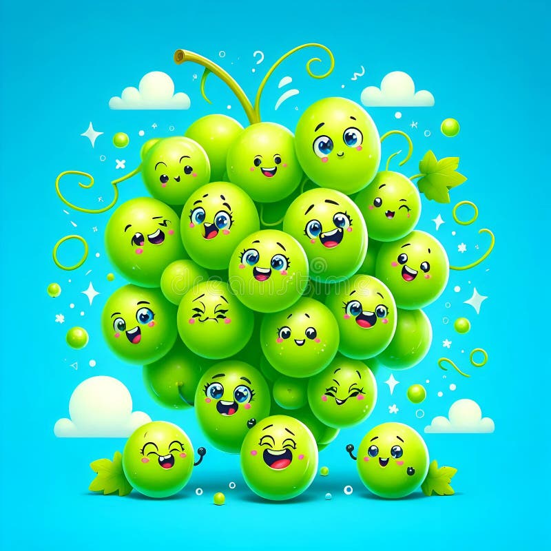A Bunch of Green Grapes with Animated Faces Expressing Various Emotions ...