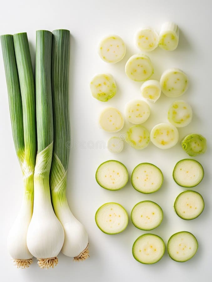 Bunch of Green Onions and White Onions are on a White Table Stock Photo ...