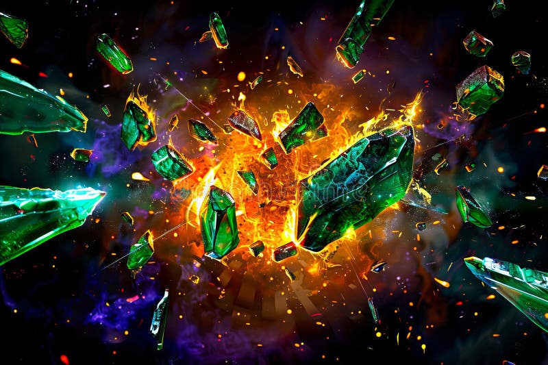 A Bunch of Green and Orange Crystals Exploding in the Air Stock Photo ...