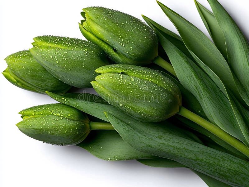 A Bunch of Green Tulips with Water Droplets on Them Stock Image - Image ...
