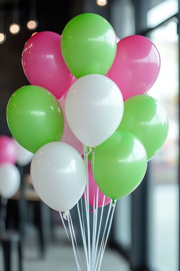 Bunch of Green, White, and Pink Balloons on a String, Celebration ...