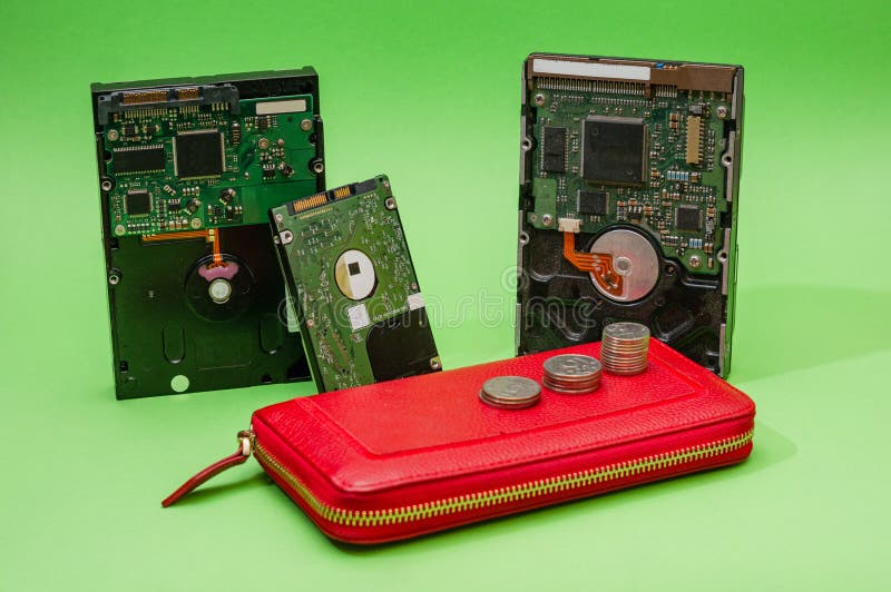 Bunch of HDD on a Green Background. Mining on Hard Disk Drives Concept ...