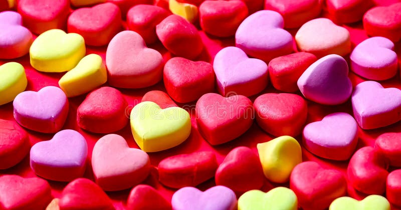Bunch of Heart Shaped Candy Hearts on Red Surface with Yellow, Pink ...