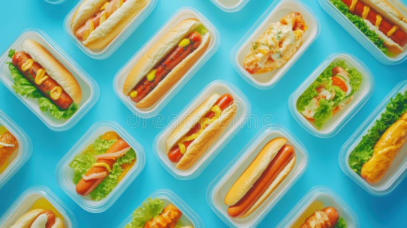A Bunch of Hot Dogs in Plastic Containers Stock Illustration ...