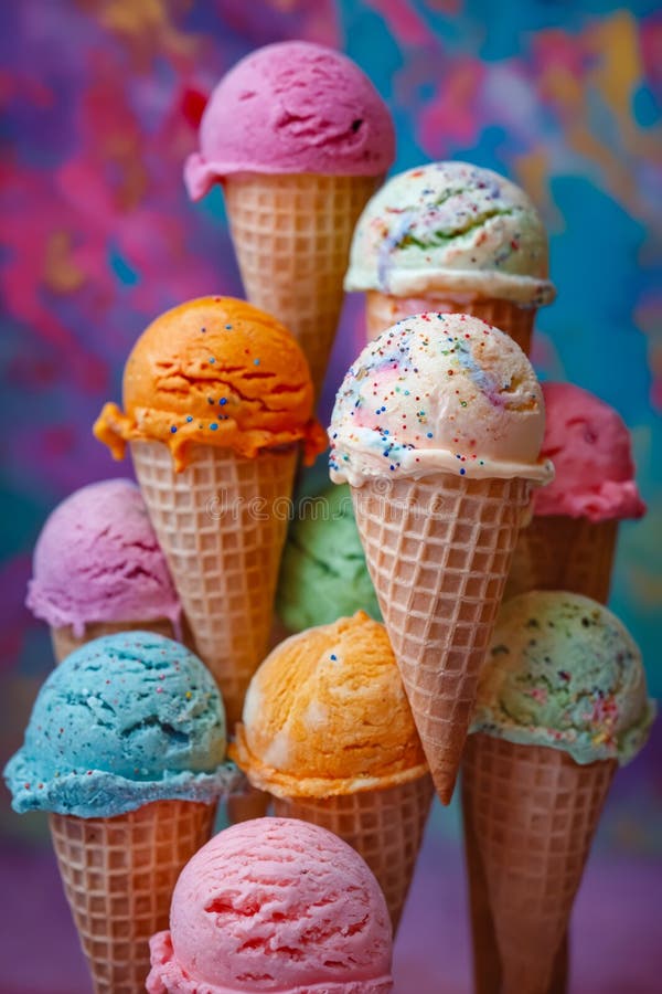 A Bunch of Ice Cream Cones Filled with Different Colored Ice Cream ...