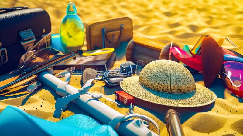 Bunch of Items that are Laying Out on the Beach in the Sand. Generative ...