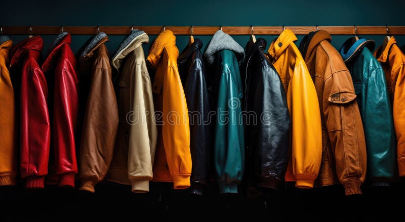 A Bunch of Jackets, Coats on a Rack Stock Photo - Image of wear ...