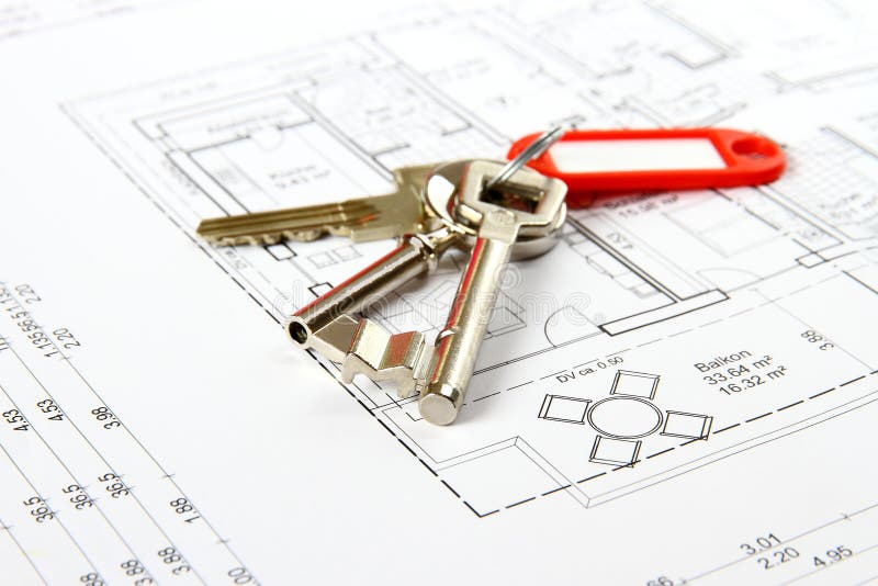 Bunch of Keys with Red Keychains at Architectural Drawing Stock Image ...