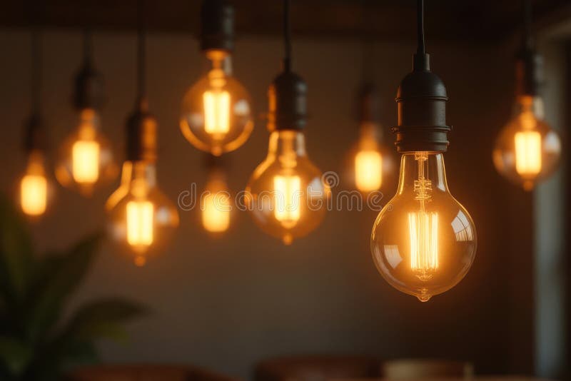 Bunch of Light Bulbs Hanging from the Ceiling Stock Image - Image of ...
