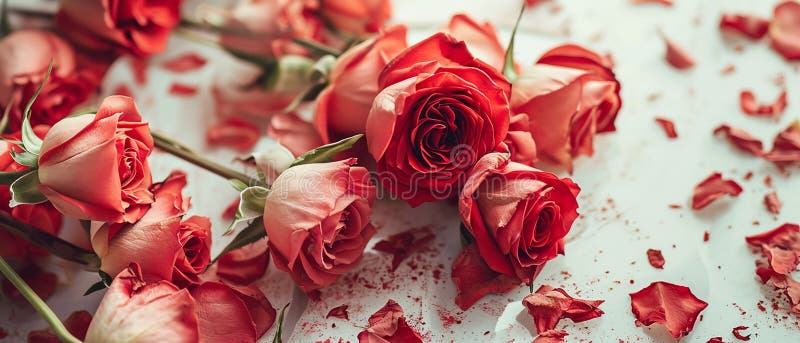 A Bunch of Light Red Roses and Petals Aginst a White Background. Wide ...