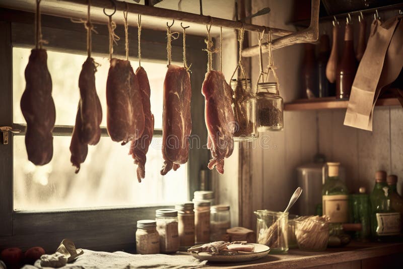 A Bunch of Meat Hanging from a Line in a Kitchen. AI Generative Image ...
