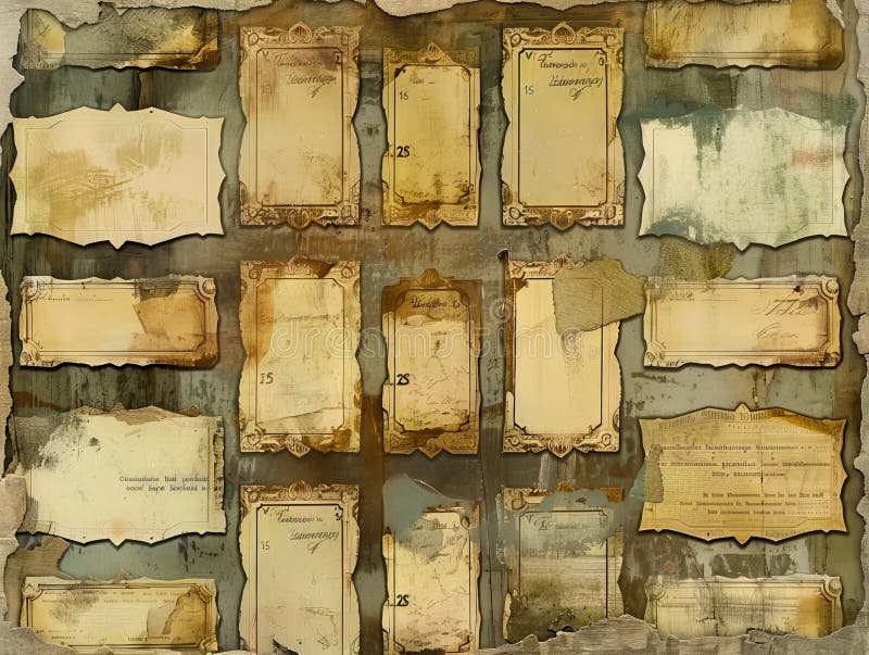 A Bunch of Old Paper Pieces of Paper on a Wall Stock Image - Image of ...