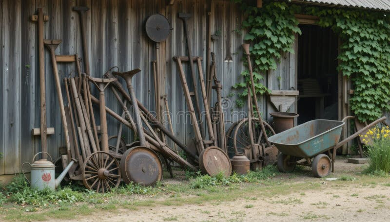 A Bunch of Old Tools and Equipment are Piled Up Against a Barn ...