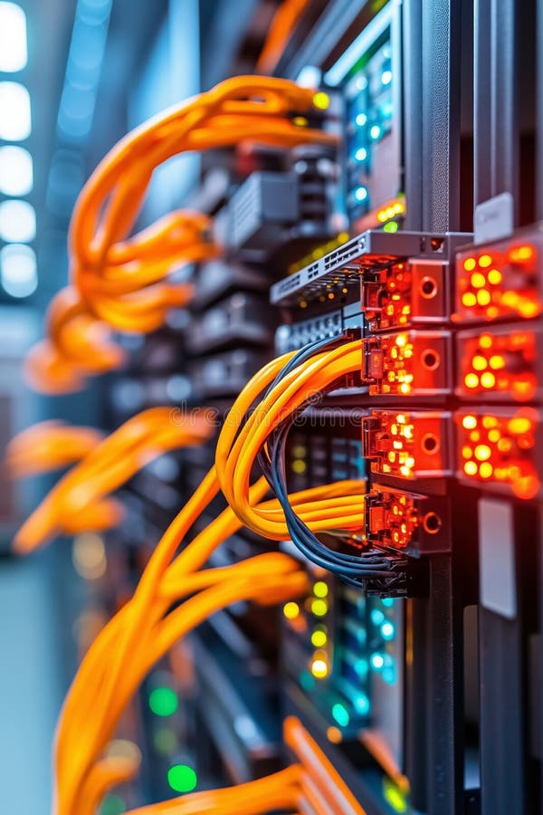 A Bunch of Orange Cables Connected To a Server in a Server Room Stock ...