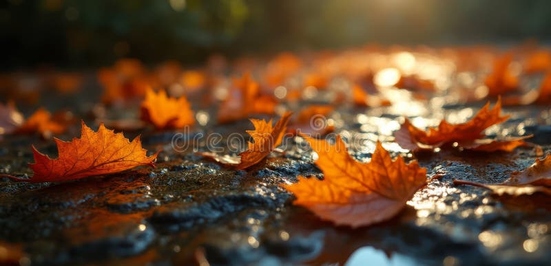 A Bunch of Orange Leaves Laying on Top of a Puddle of Water Stock Image ...