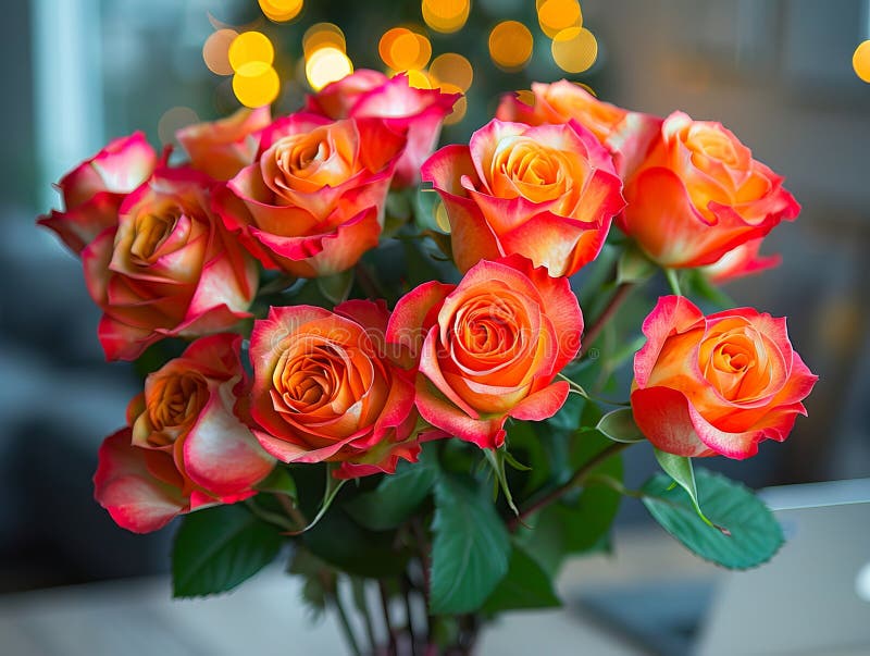 A Bunch of Orange Roses in a Vase on a Table Stock Image - Image of ...