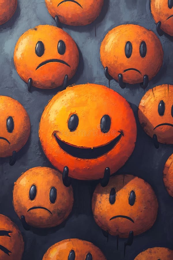 A Bunch of Orange Smiley Faces with Sad Faces on Them Stock Image ...