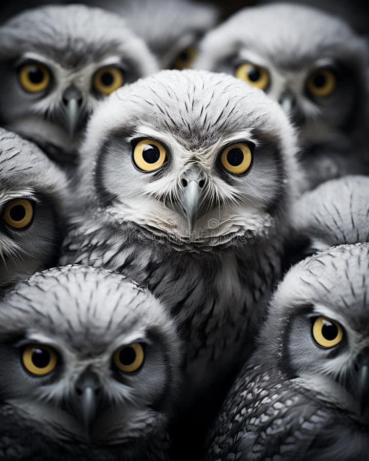 A Bunch of Owls with Large Eyes Standing Together in a Group Stock ...