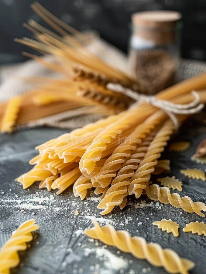 Bunch of Pasta is on a Table with a Jar of Pasta in the Background ...