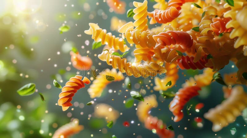 A Bunch of Pasta with Yellow and Orange Strands are Flying through the ...