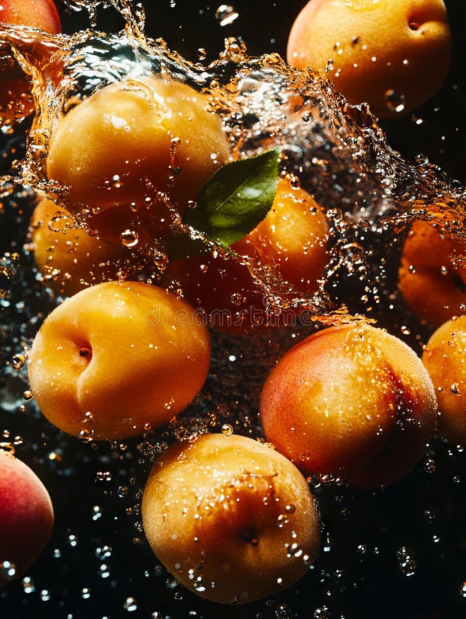 A Bunch of Peaches Falling into the Water with a Leaf on Top Stock ...