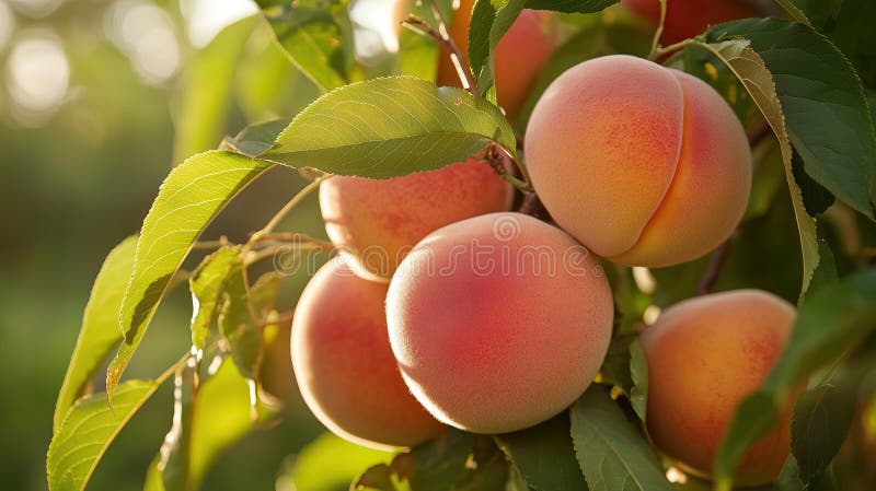 A Bunch of Peaches are on a Leafy Branch Stock Photo - Image of ...