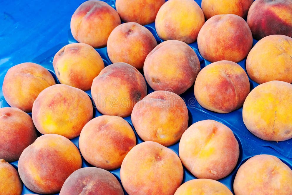 Bunch of Peaches are Sitting on a Blue Table Stock Image - Image of ...