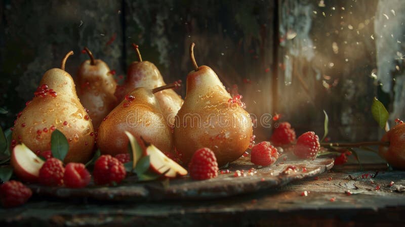 A Bunch of Pears and Raspberries on a Plate with Water, AI Stock Photo ...