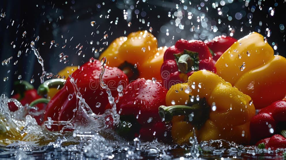 A Bunch of Peppers are Falling into a Pool of Water Stock Photo - Image ...