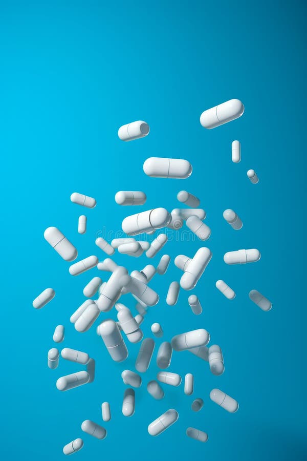 Bunch of Pills Falling into the Air on Blue Background. Generative AI ...