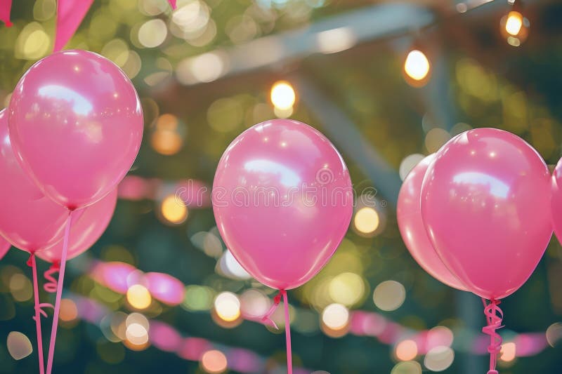 Bunch Pink Balloons Tied Together String Lights Creating Festive ...