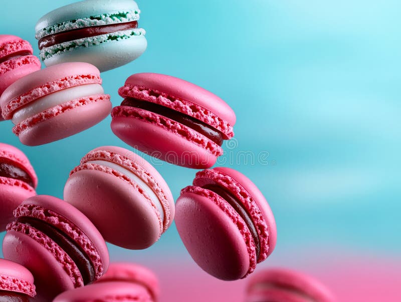 A Bunch of Pink and Blue Macarons Flying in the Air Stock Photo - Image ...