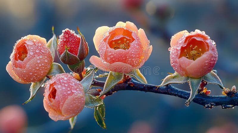 Glistening Pink Flowers Water Droplets Dark Blue Background Stock ...