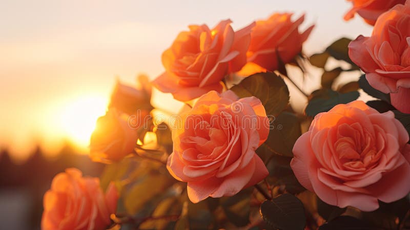 A Bunch of Pink Roses in Front of a Setting Sun Stock Photo - Image of ...