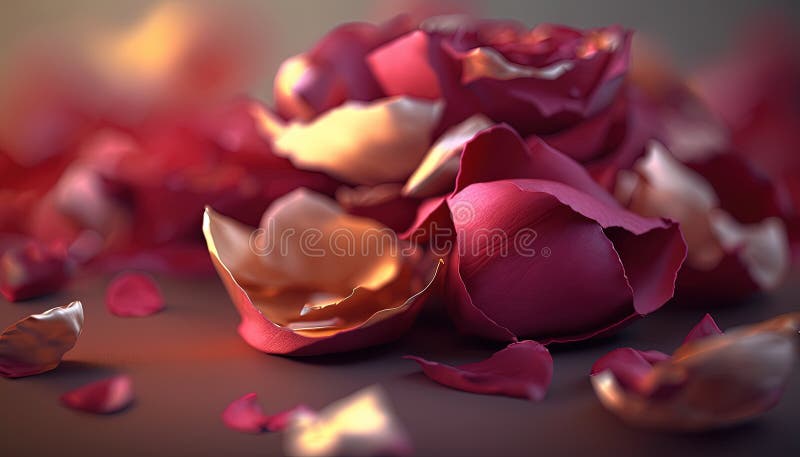 A Bunch of Pink Roses with Petals Scattered Around Them on a Table ...