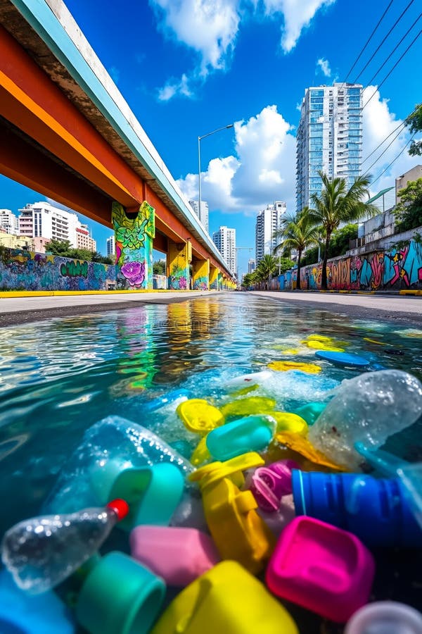 A Bunch of Plastic Bottles Floating in the Water Under a Bridge Stock ...