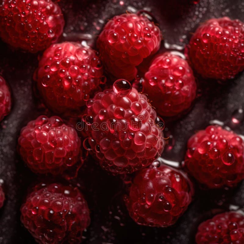 A Bunch of Raspberries that are Covered in Water Droplets on a Black ...