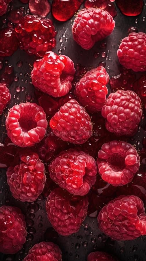 A Bunch of Raspberries Sitting on Top of a Black Surface with Water ...