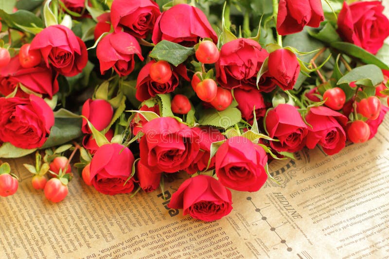 Red Roses on Decorated Paper Stock Photo - Image of birthday ...